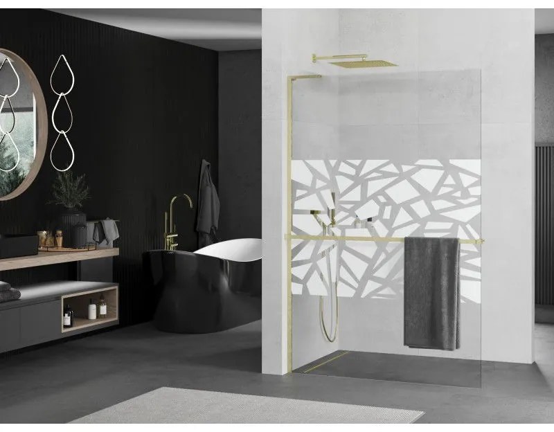 Mexen Kioto+ L, sprchová zástěna Walk-In s poličkou a věšákem 110 x 200 cm, 8mm čiré sklo bílý vzor, ​​zlatý matný profil, 800-110-123-55-85