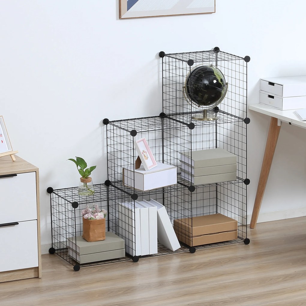 HOMCOM Drátová police, regálový systém se 6 kostkami, DIY úložný systém z drátů, regálová jednotka do obývacího pokoje a ložnice, černá, 109 x 37 x 1…