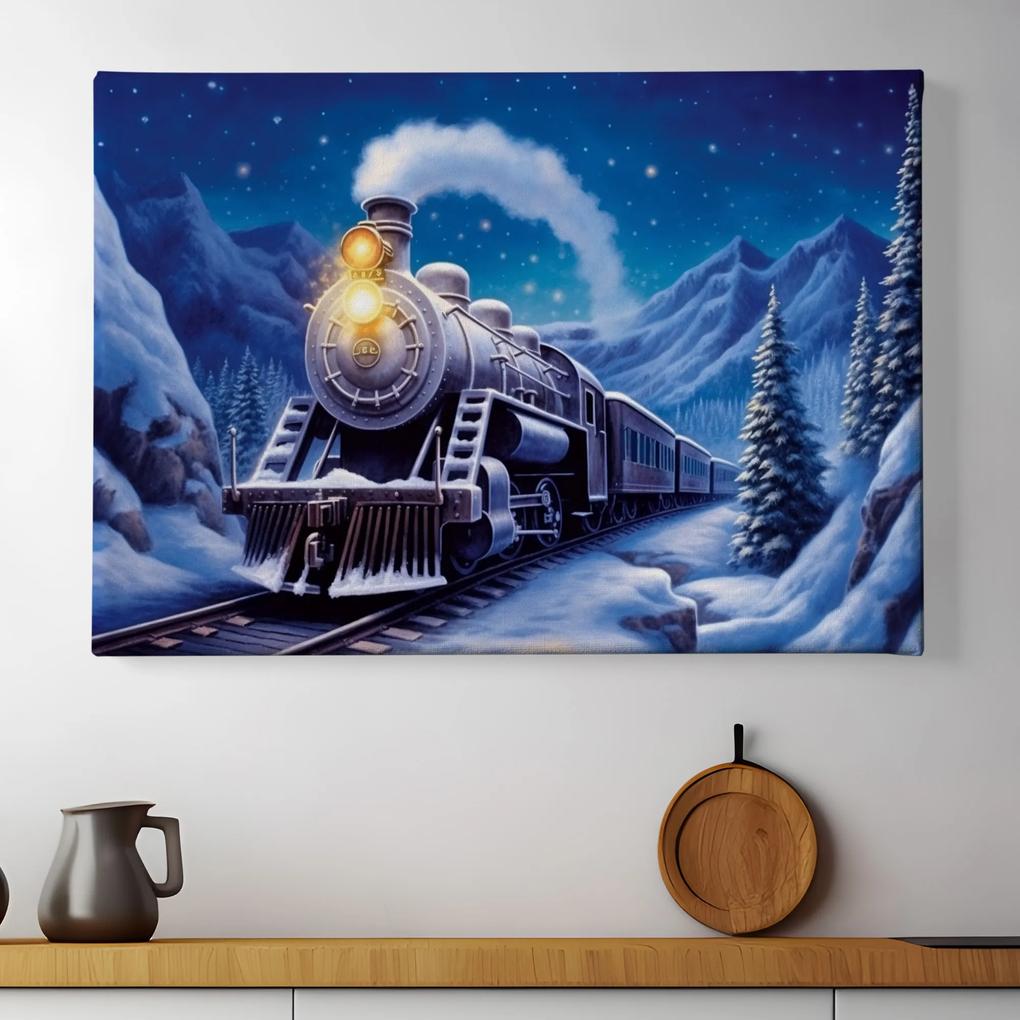 Obraz na plátně - Parní vlak projíždí zimní krajinou FeelHappy.cz Velikost obrazu: 180 x 120 cm