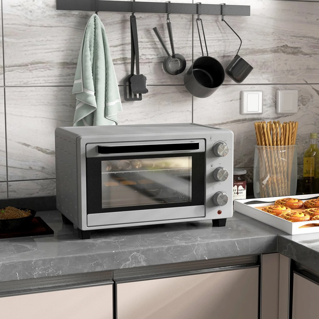 HOMCOM malá trouba 21l, 100°C-230°C, časovač na 1 hodinu, 3 režimy pečení, drátěný rošt, plech, nerez, 46L x 38.5W x 29H cm, stříbrná
