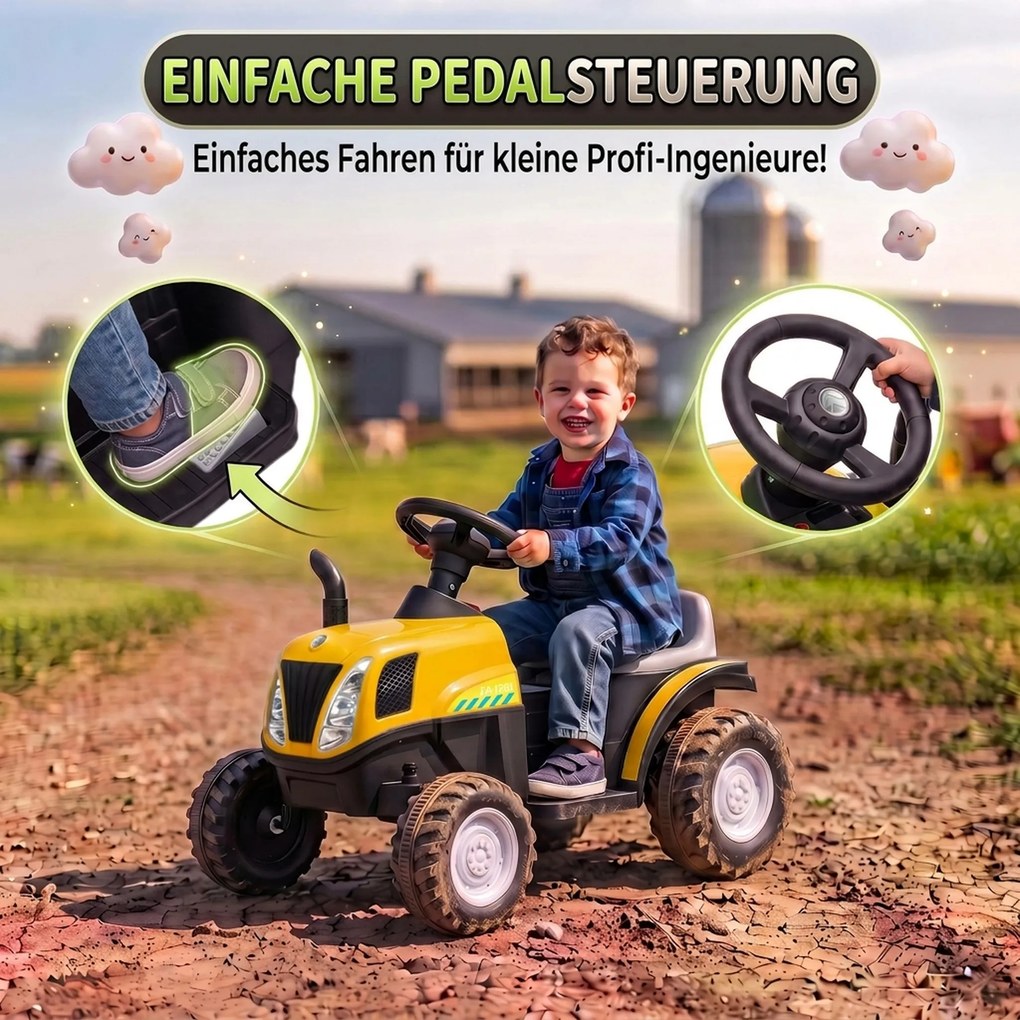 AIYAPLAY Elektrický dětský traktor s odnímatelným přívěsem, sedací traktor s lithiovou baterií, pedál na nohy, hudba, klakson, světlo, žlutá