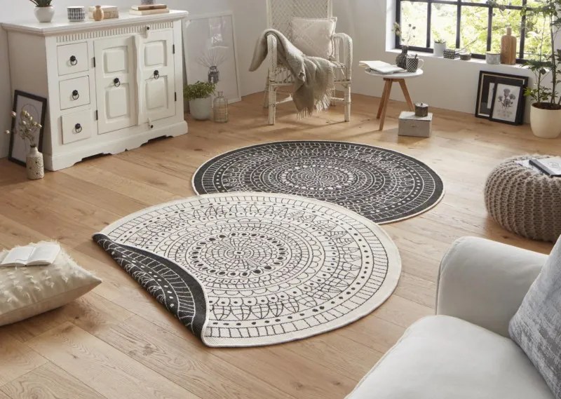 NORTHRUGS - Hanse Home koberce Kusový koberec Twin-Wendeteppiche 103101 creme schwarz kruh – na ven i na doma - 200x200 (průměr) kruh cm