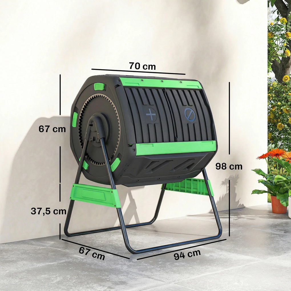 Outsunny 200 l kompostér s otočným bubnem, 94 × 67 × 98 cm – rychlý kompostér s větracími otvory a posuvnými dvířky, odolný plast