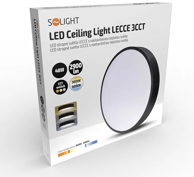 Solight LED stropní osvětlení LECCE, 3CCT, 48W, 2900lm, 40cm, 3000/4000/6000K, černá
