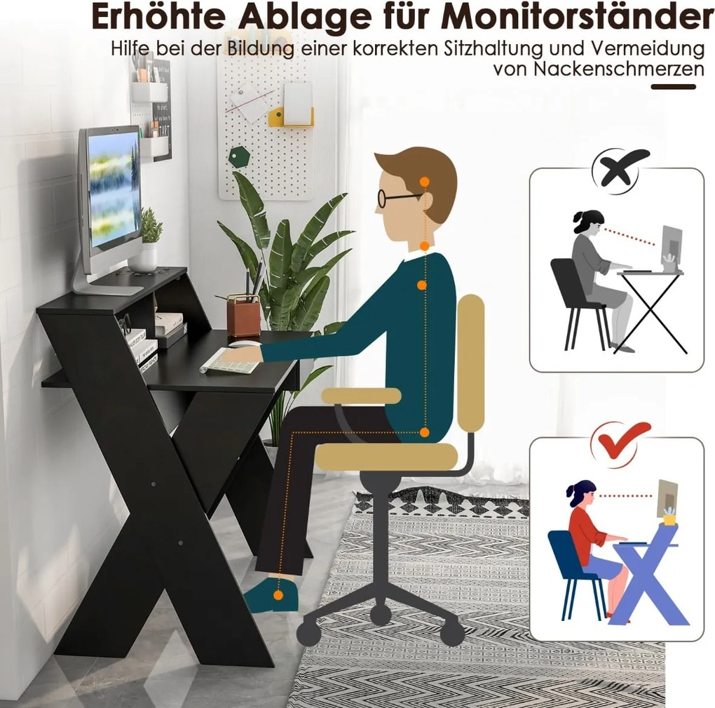 Costway Počítačový stůl ve tvaru X se zásuvkou a monitorem, černý