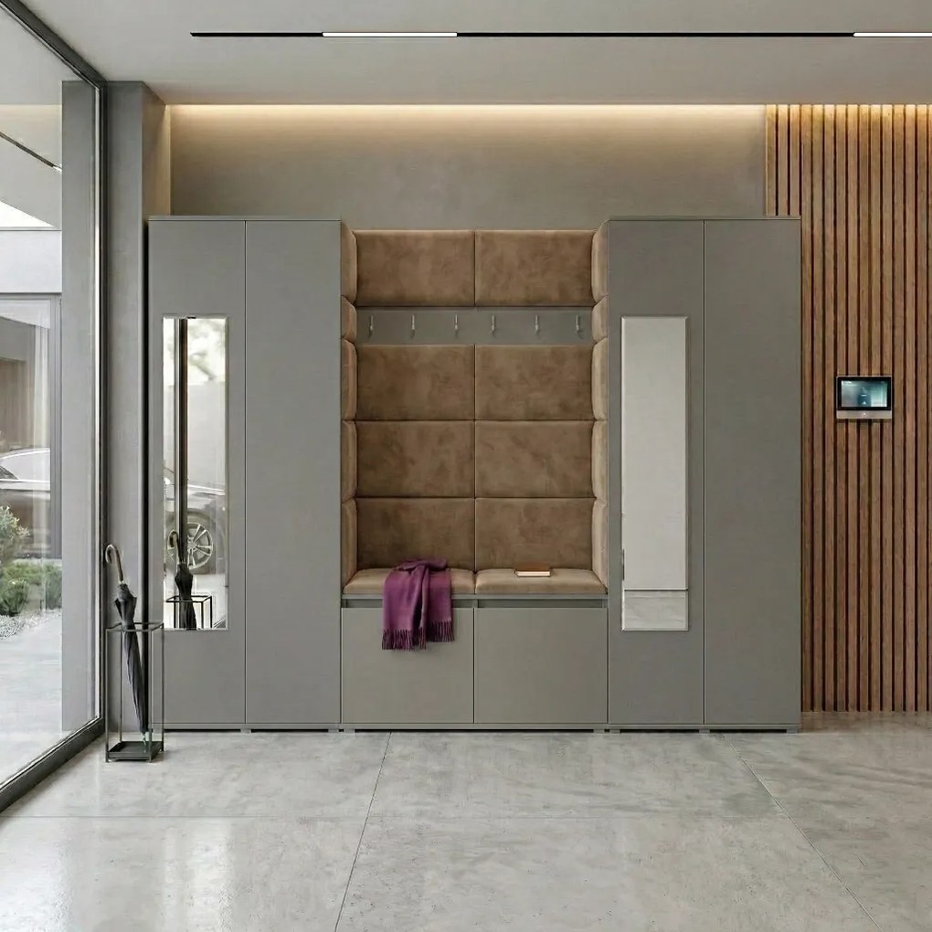 Předsíňová stěna Trinity 10 s čalouněnými panely, 280 cm, grafit/ světle béžová
