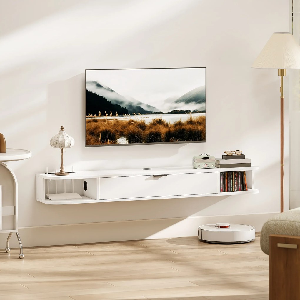 HOMCOM Závěsný TV nábytek, televizní nábytek pro televize až do 152,4 cm, výklopná zásuvka, 2 police, 140x24x16 cm, bílá