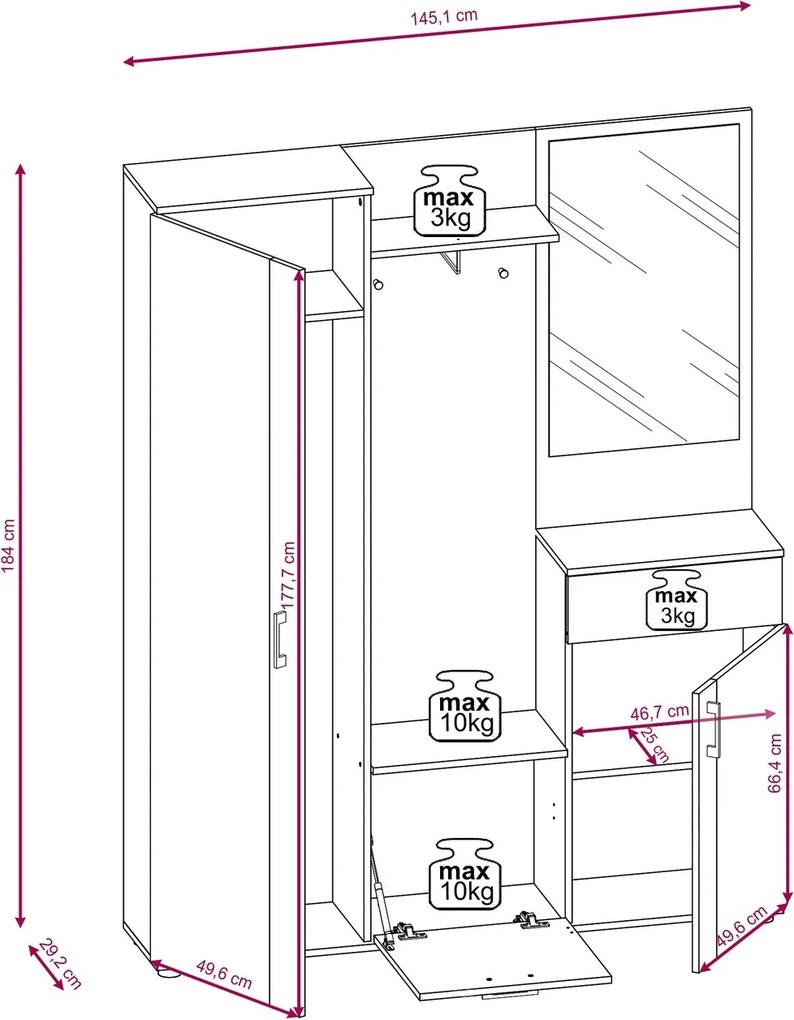 Předsíňová stěna Trio se zrcadlem 145 cm dub Artisan/bílá