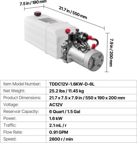 Hydraulický agregát 6 l, Maximální přetlak 22 MPa a průtok 3,4 l/min VEVOR – 6 litrů/1,18,927 l