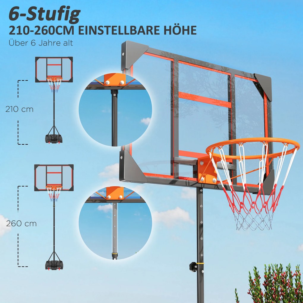 AIYAPLAY Dětský venkovní koš na basketbal, nastavitelný od 210-260 cm s kolečky, systém na basketbal pro děti od 6 let, červený