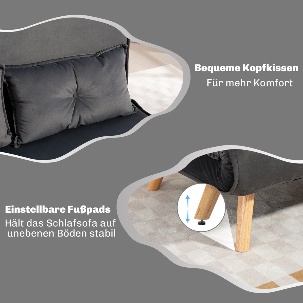 HOMCOM 2místná rozkládací pohovka, postelové sofa, pohovka konvertovatelná na postel, nastavitelná opěrka zad, látkový potah, kovový rám, šedá
