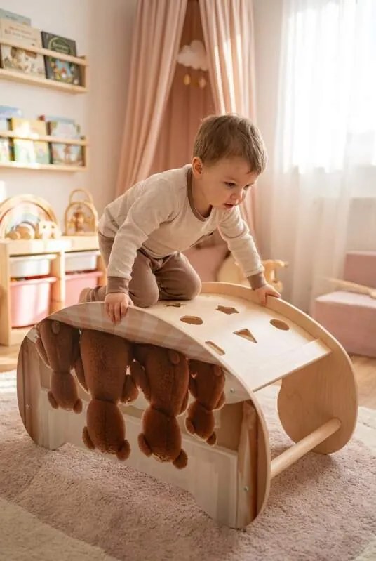 Multifunkční Montessori houpačka a stolek 4v1 - medvídci