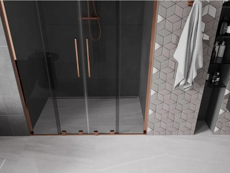 Mexen Velar L Duo, posuvné sprchové dveře do otvoru 160 cm, 8mm šedé sklo, růžové zlato, 871-160-003-42-60