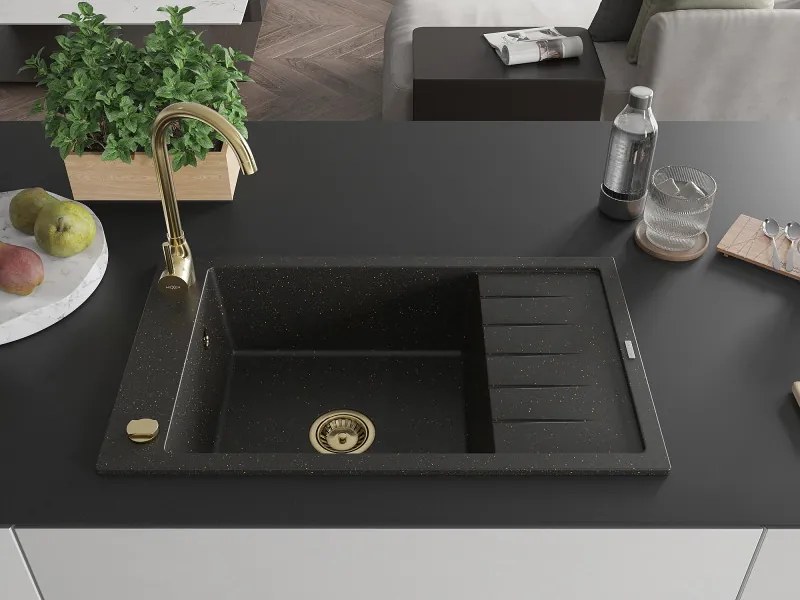 Mexen Elias, granitový dřez granitový 795x480x200 mm, 1-komorový, černá-zlatá metalíza se zlatým sifonem, 6511791005-75-G