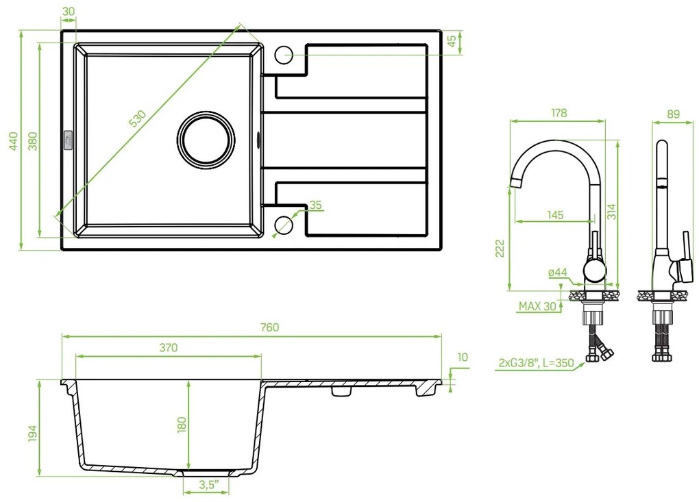 Laveo Barbados, 1-komorový granitový dřez 760x440x194 mm, béžová, LAV-SBBA411T