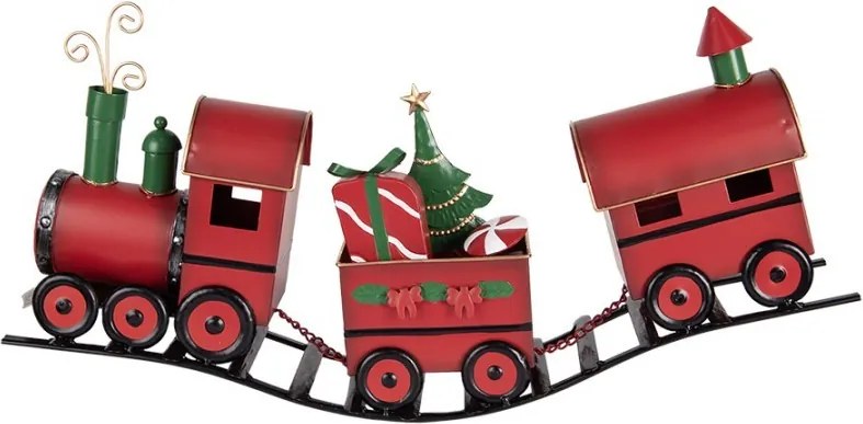 Červená kovová dekorace vláček na kolejích Christmas Train - 63*13*31 cm