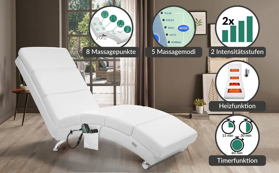 Relaxační lehátko London bílý s masážní- & vyhřívání