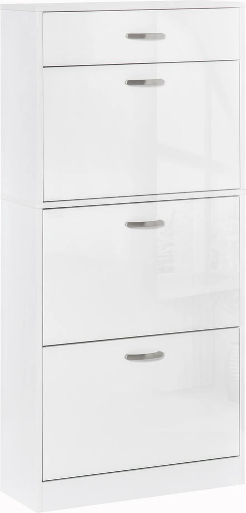 HOMCOM Skříň na boty - 3 skládací dveře a posuvná zásuvka - rozměry 62Š x 24H x 135V cm - hliníkové úchyty. Dřevotříska Bílá