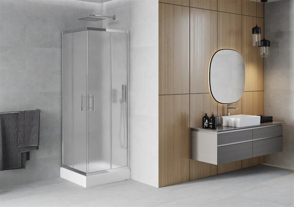 Mexen Rio, čtvercový sprchový kout s posuvnými dveřmi 70 x 70 cm, 5mm sklo námraza, chromový profil + bílá vysoká sprchová vanička Rio, 860-070-070-01-30-4510