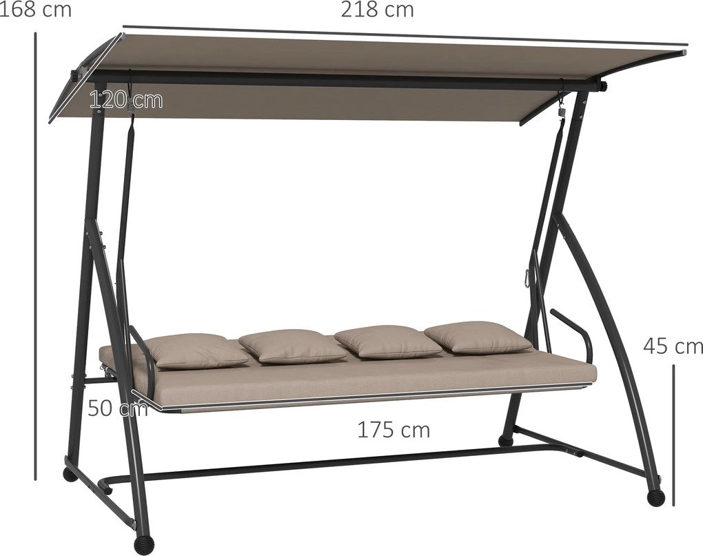 Zahradní houpačka 2v1 s funkcí lehátka, 3místná houpačka se stříškou, ocelová konstrukce, 218 × 120 × 168 cm, světle hnědá