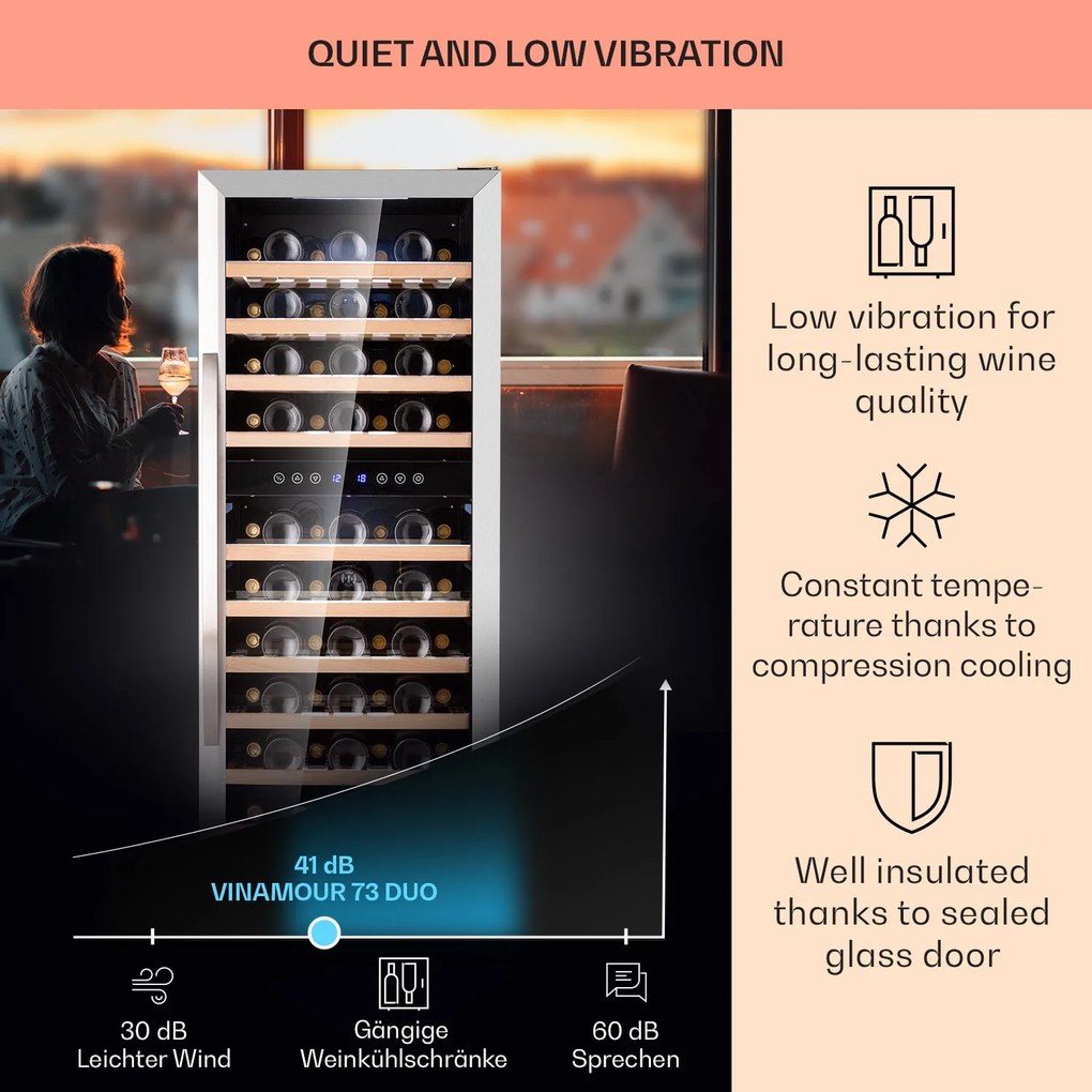 Klarstein Vinamour 73 Duo, vinotéka, 192 l/73 lahví, 2 zóny, 5-18 °C, dotykové ovládání