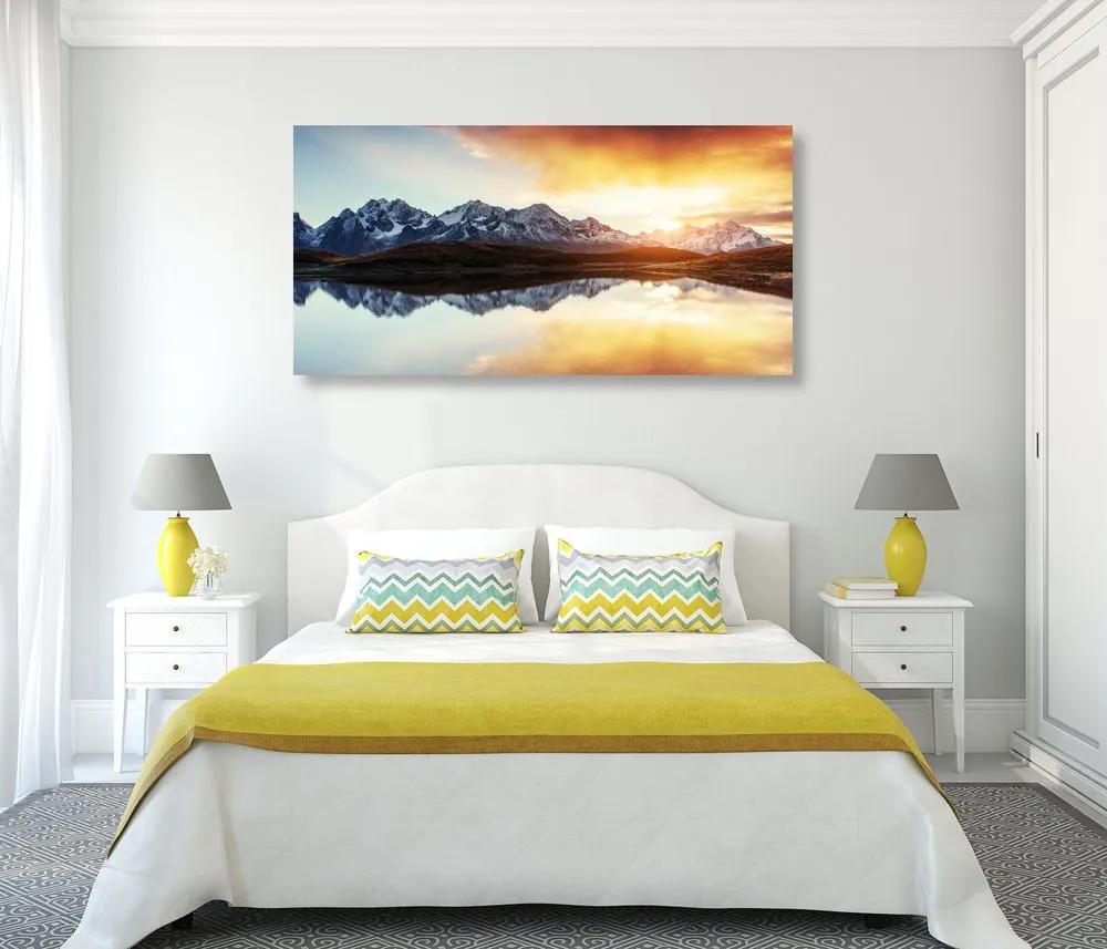 Obraz oslnivý západ slunce nad horským jezerem Varianta: 100x50