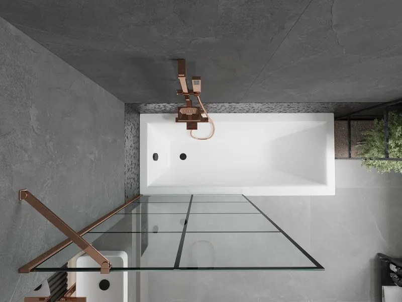 Mexen Next, vanová zástěna 1-křídlová 90 x 150 cm, fixní křídlo, 6 mm čiré sklo s černým vzorem, růžové zlato profil, 895-090-000-00-77-60