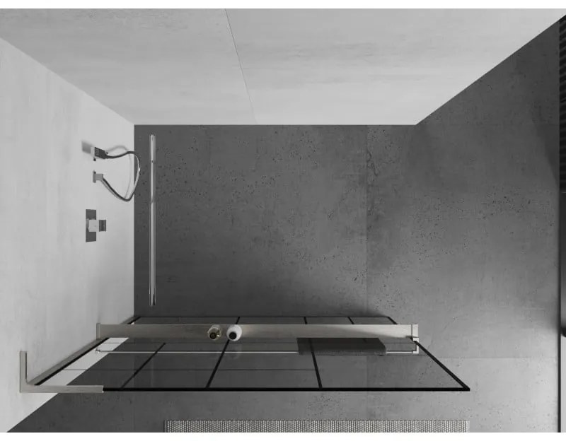 Mexen Kioto+ L, sprchová zástěna Walk-In s poličkou a věšákem 110 x 200 cm, 8mm čiré sklo černý vzor, broušená ocel profil, 800-110-123-97-78