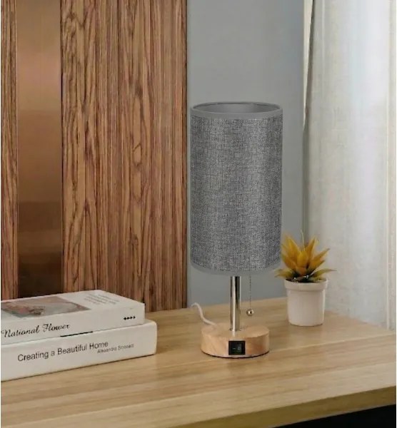 Brilagi - Stolní lampa s USB portem TABLON 1xE27/25W/230V dub/béžová/šedá