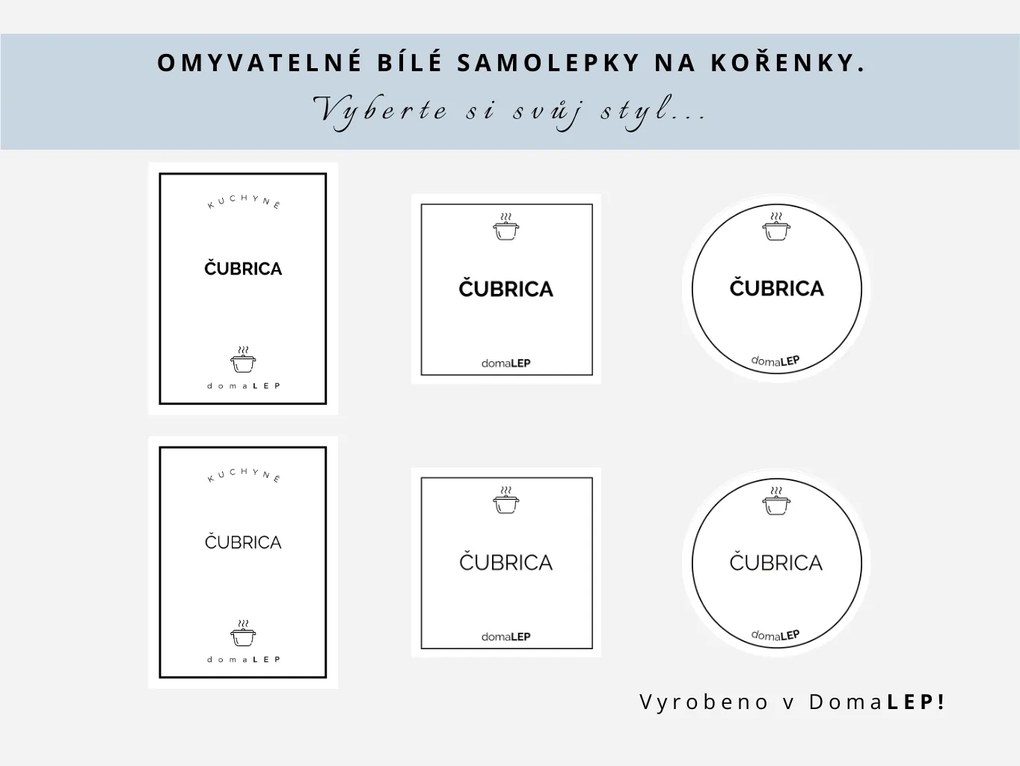 ČUBRICA - omyvatelná samolepka na kořenky, výběr rozměrů Ø 5 cm / 5 x 5 cm / 6 x 8 cm | DomaLEP tvar: ČTVEREC, barva: BÍLÁ - ČERNÉ písmo, velikost: š. 5 cm x v. 5 cm - tučné písmo