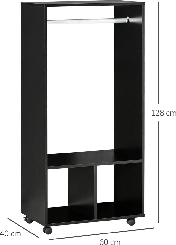 HOMCOM Skříň na kolečkách, Otevřený design s závěsnou tyčí a policemi pro organizaci oblečení do ložnice 60x40x128 cm Černá