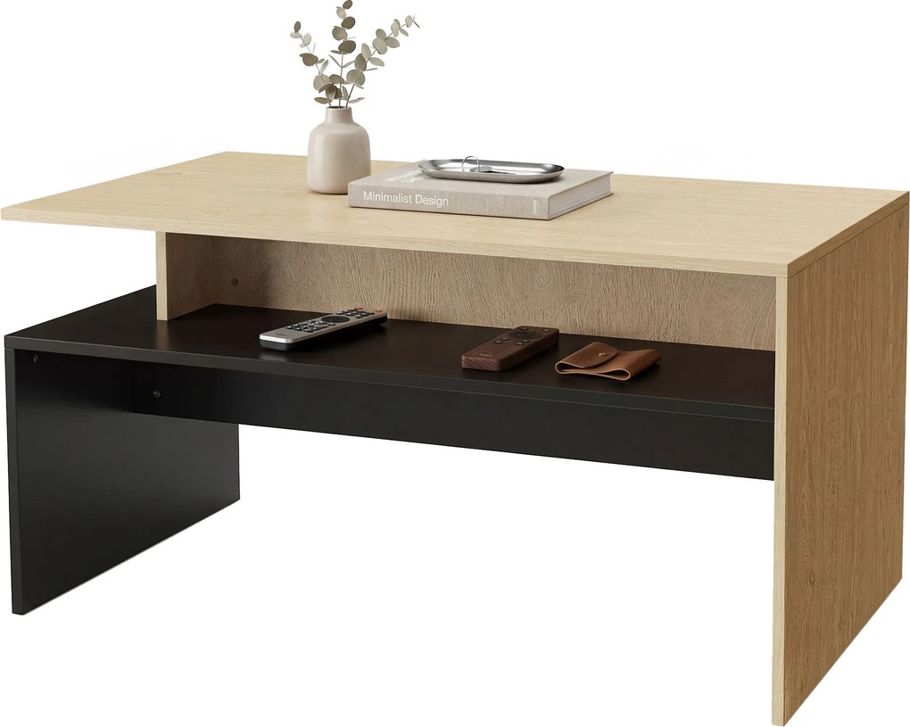 HOMCOM Moderní dvoubarevný konferenční stolek s posunutými úrovněmi a odkládacím prostorem, 95 x 55 x 50 cm, přírodní dřevo a černá