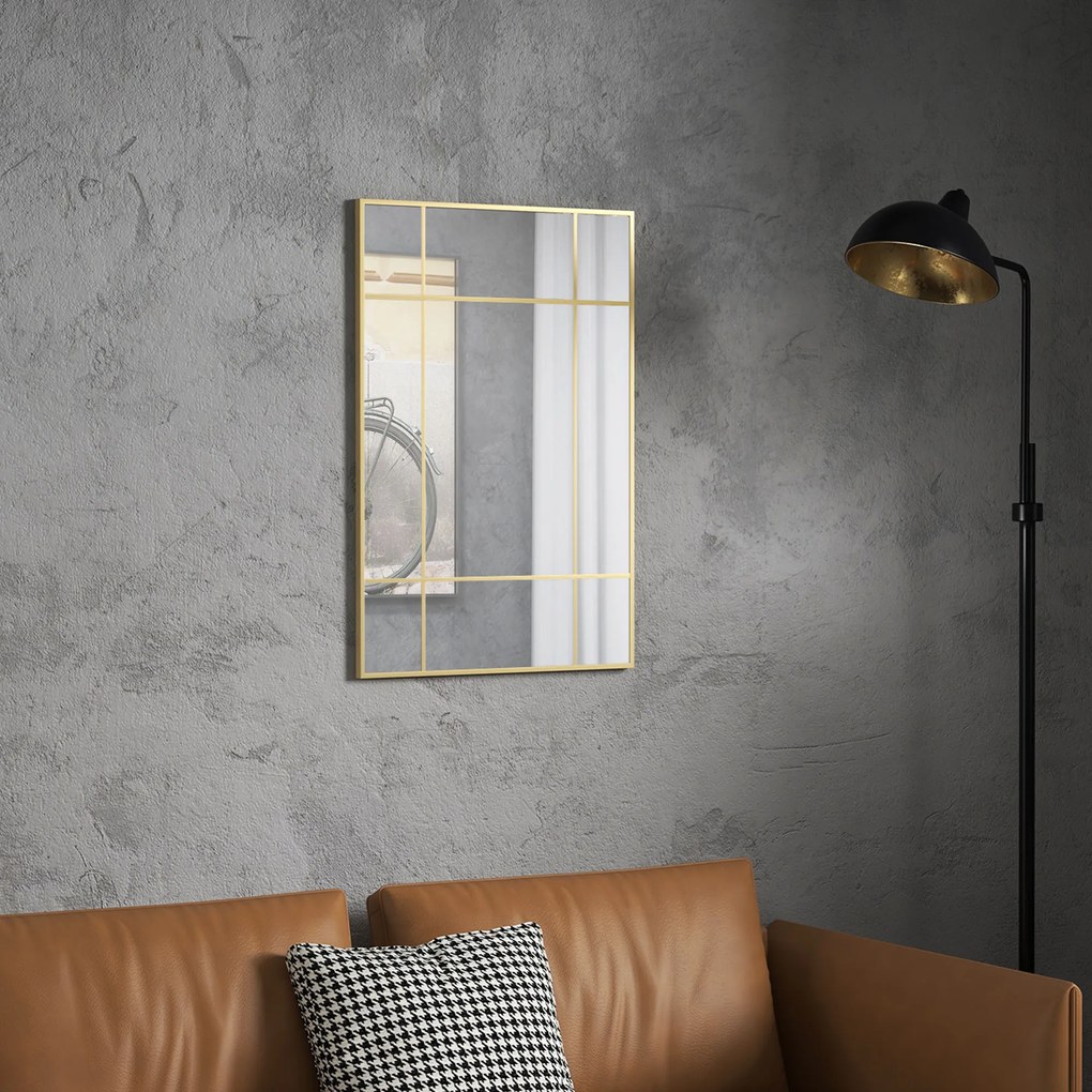 HOMCOM Obdélníkové Nástěnné Zrcadlo 90x60 cm se Zlatým Kovovým Rámem - Dekorativní Zrcadlo do Obývacího Pokoje, Ložnice a Předsíně