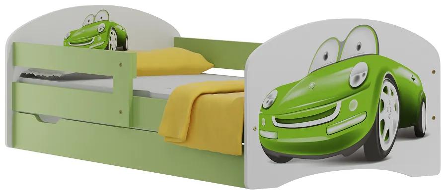 Dětská postel s motivem GREEN CARS  se zábranou Rozměr: 160x80, Matrace: bez matrace, Barevná kombinace: BÍLÁ/DUB SONOMA