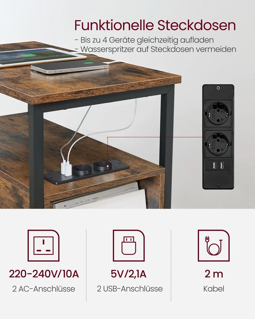 Boční stůl, noční stolek s vestavěným rozbočovačem v hnědé a černé barvě