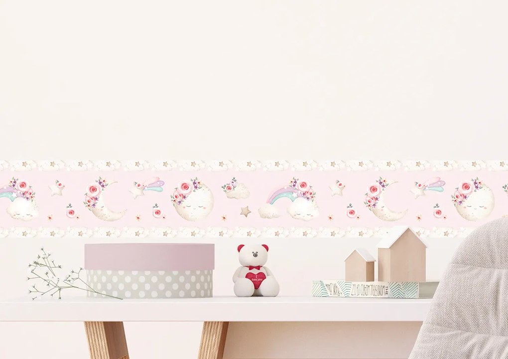 Dětská samolepící bordura na zeď Růžový Akvarelový Měsíc | 5 m x 13.8 cm | DWBD8049