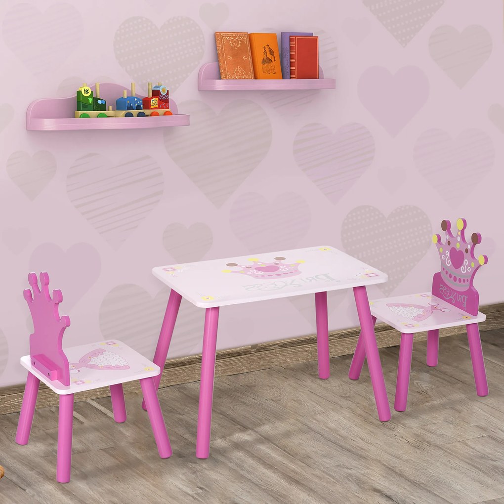 HOMCOM Dětský Dřevěný Stolek a 2 Židle Sada Stolek 55x34x42 cm Židle 28x26x50 cm pro Děti 2-4 roky Růžový