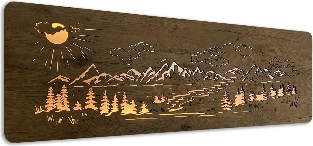 Li-Go "Hory, les" světelný obraz s baterií 120x40cm varianta ovládání: manuál/pohybové čidlo, provedení povrchu: jedle