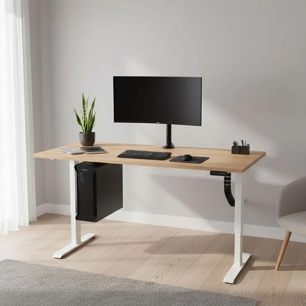 Výškově nastavitelný stůl OfficeTech C, 200 x 80 cm, bílá podnož, dub kraft