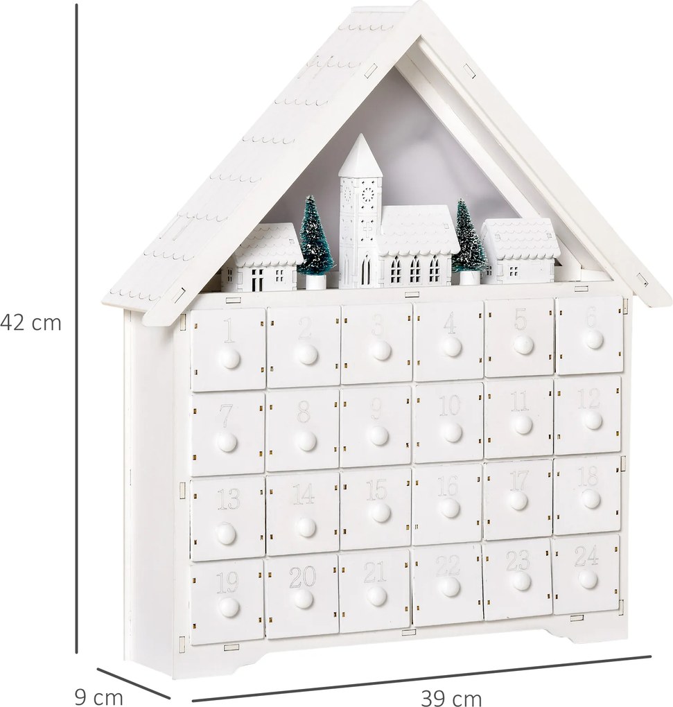 HOMCOM Adventní kalendář Vánoční dekorace, 24 zásuvek, LED světla, 39 cm x 9 cm x 42 cm, bílá + zelená 830-416