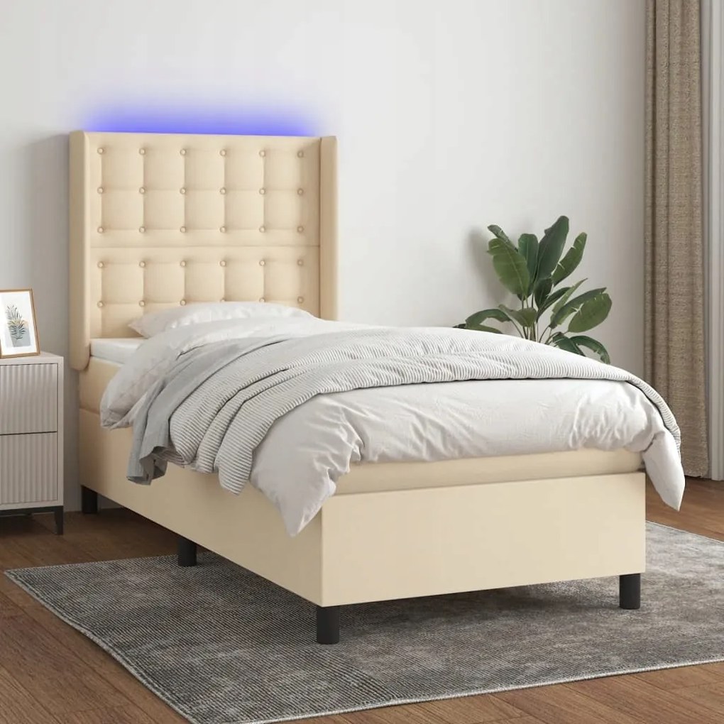 Box Spring Postel S Matrací A Led Textil Krémová tlačítka 90 x 190 cm