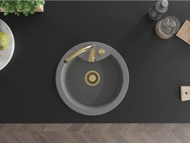 Mexen Diego, granitový dřez 488x488x167 mm, 1-komorový, šedá se zlatým sifonem, 6512481000-71-G