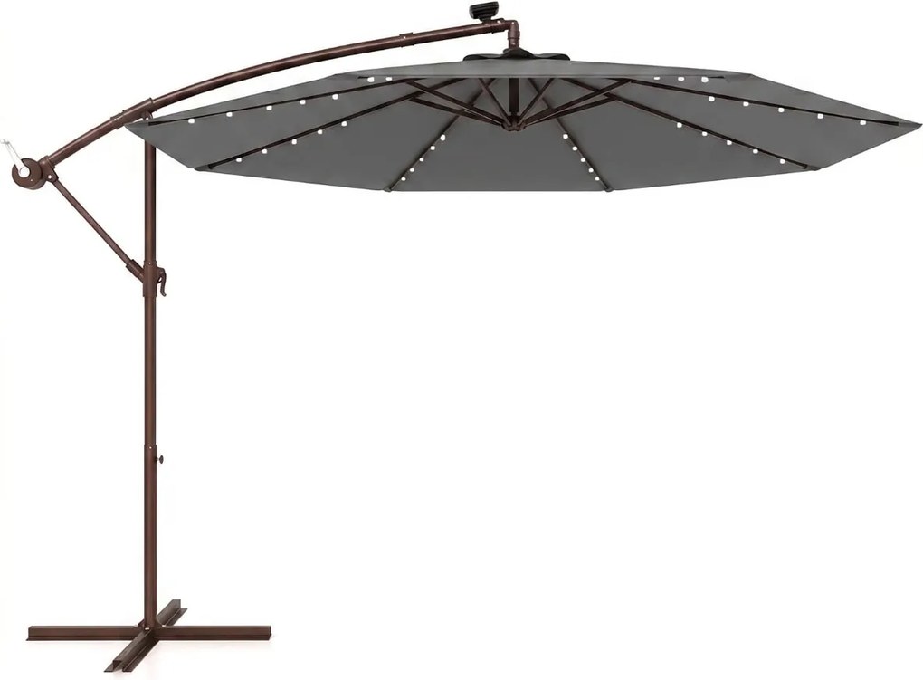 Costway Slunečník 300 cm s 40 solárními LED světly a klikou šedé, šedá