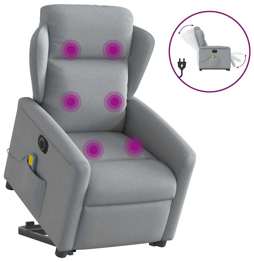 Elektrické zvedací masážní polohovací křeslo světle šedé textil 3303164
