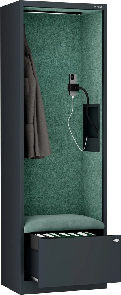 Kancelářská akustická kabina se sedátkem a USB-C portem, korpus antracitový / sedák zelený, 600 mm: SALLY MentalBox