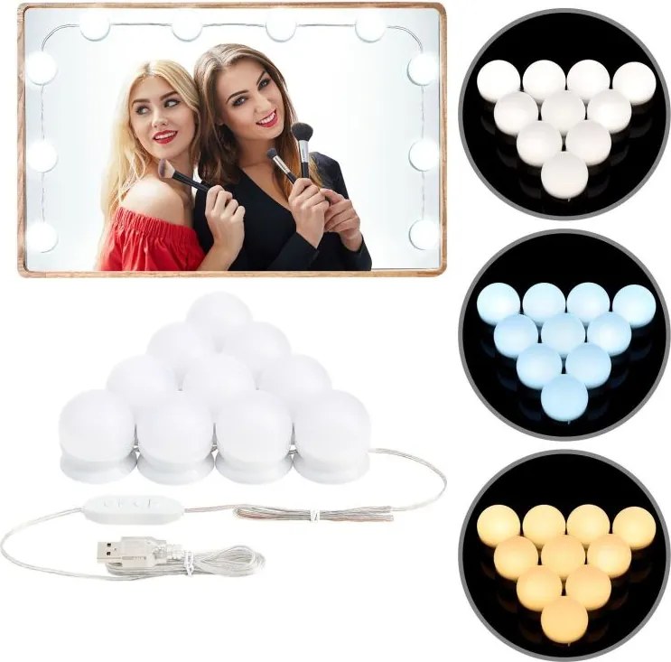 Dekorativní LED osvětlení na zrcadlo, 10 lamp, USB napájení