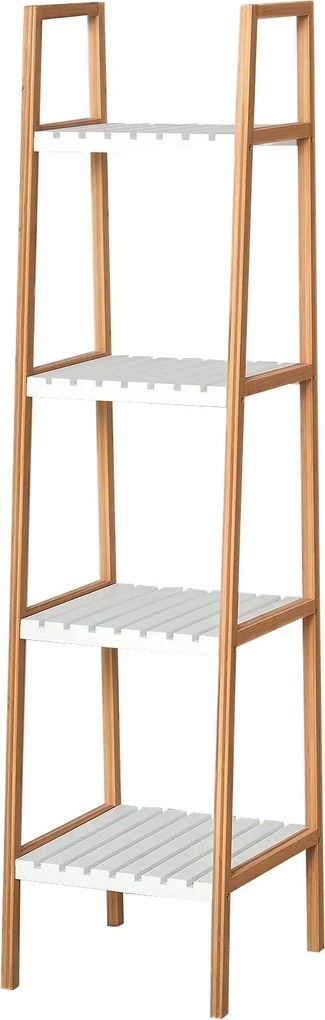 Kleankin 4-patrová bambusová police ve tvaru žebříku - Multifunkční úložný nábytek do koupelny, obývacího pokoje a kuchyně 35x36x138,5 cm Bílá a Příro
