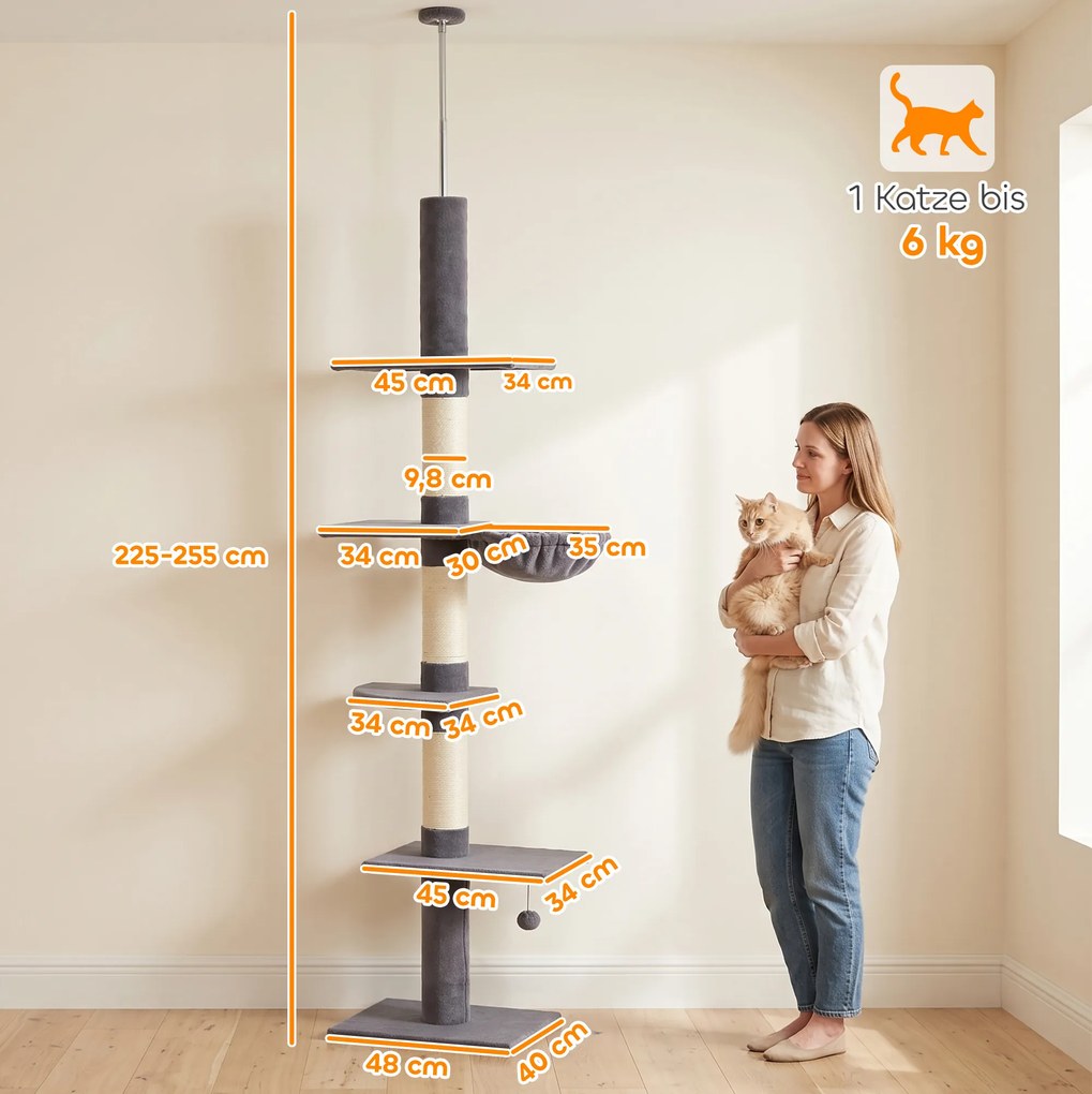 PawHut Škrabadlo do stropu 225-255 cm výškově nastavitelné Kočičí strom s 5 patry, 3 sisalovými škrabadly, houpací síť, platformy