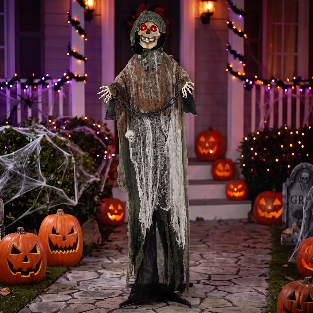 HOMCOM Animovaný Smrtka, 170 cm, životní velikost Halloween animatroniky s pohyblivýma rukama/hlavou, svítícíma očima a strašidelným zvukem