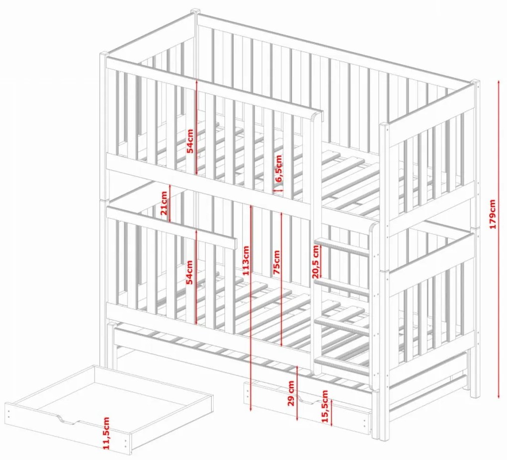 Dětská patrová postel z masivu borovice s přistýlkou a šuplíky EMIL - 200x90 cm - bílá